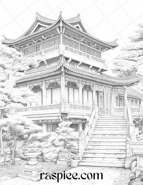 40 Traditional Chinese Houses Grayscale Coloring Pages Printable for A