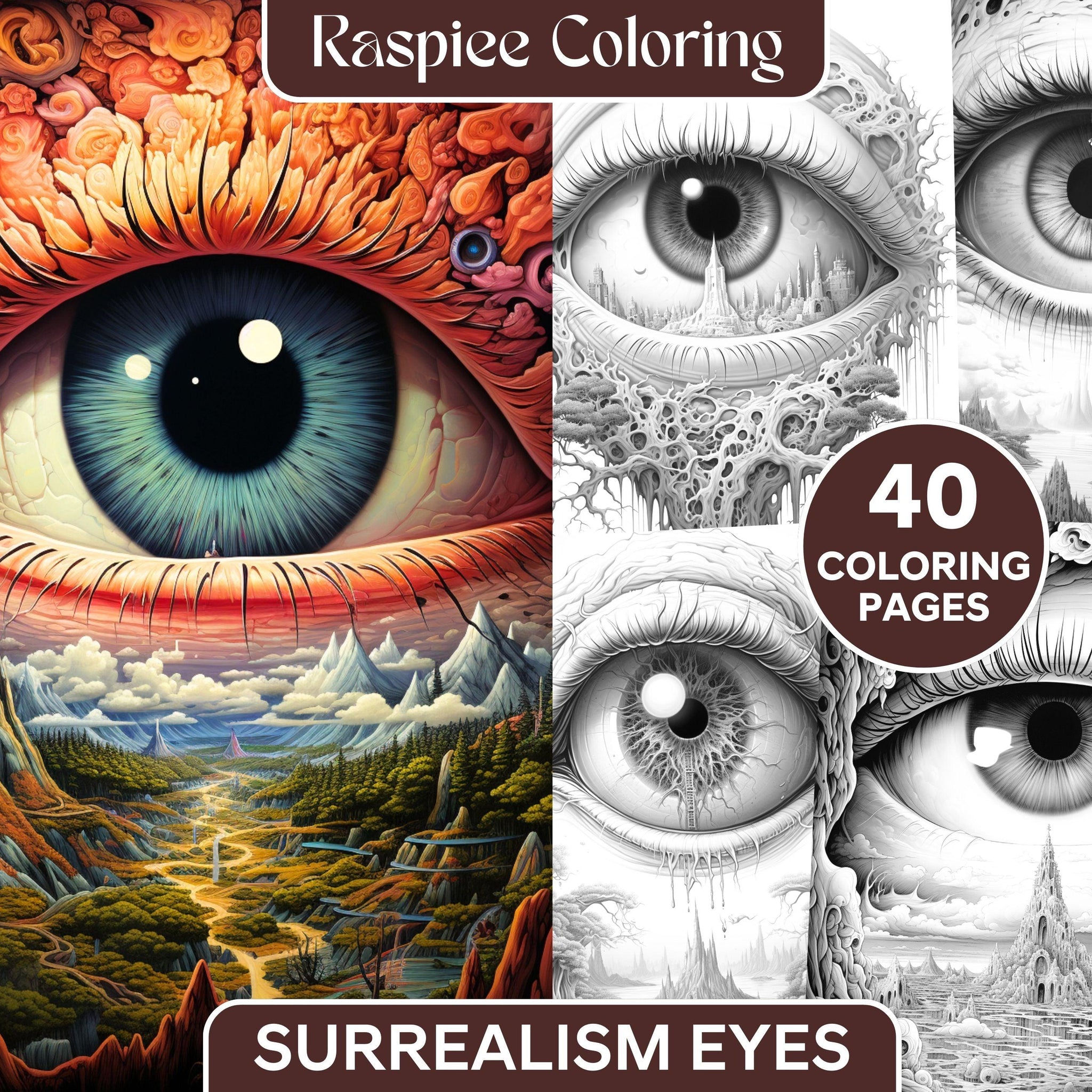 40 Surrealism Eyes Grayscale Coloring Pages Printable for Adults, PDF