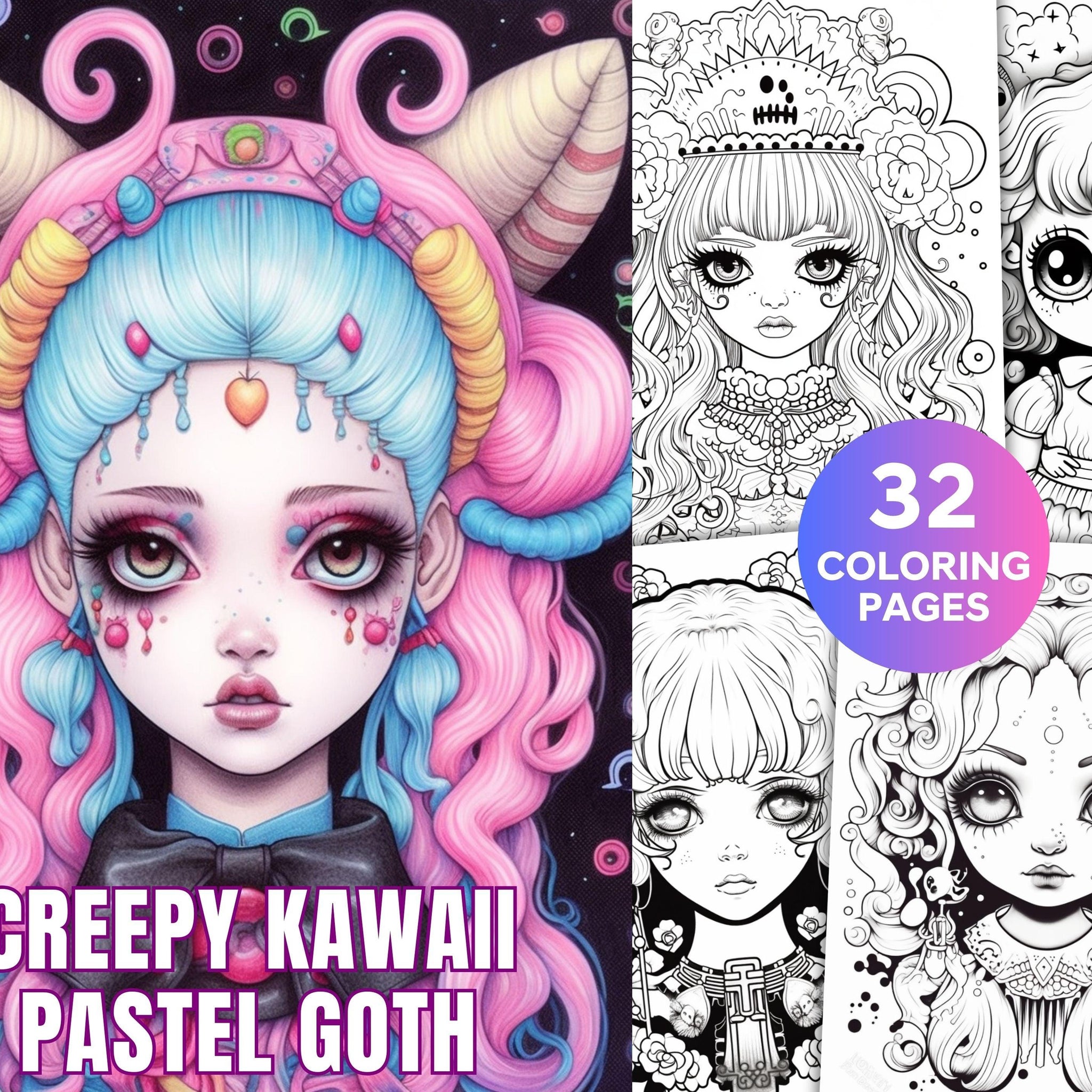 32 Creepy Kawaii Pastel Goth Coloring Pages Printable for Adults, Gray