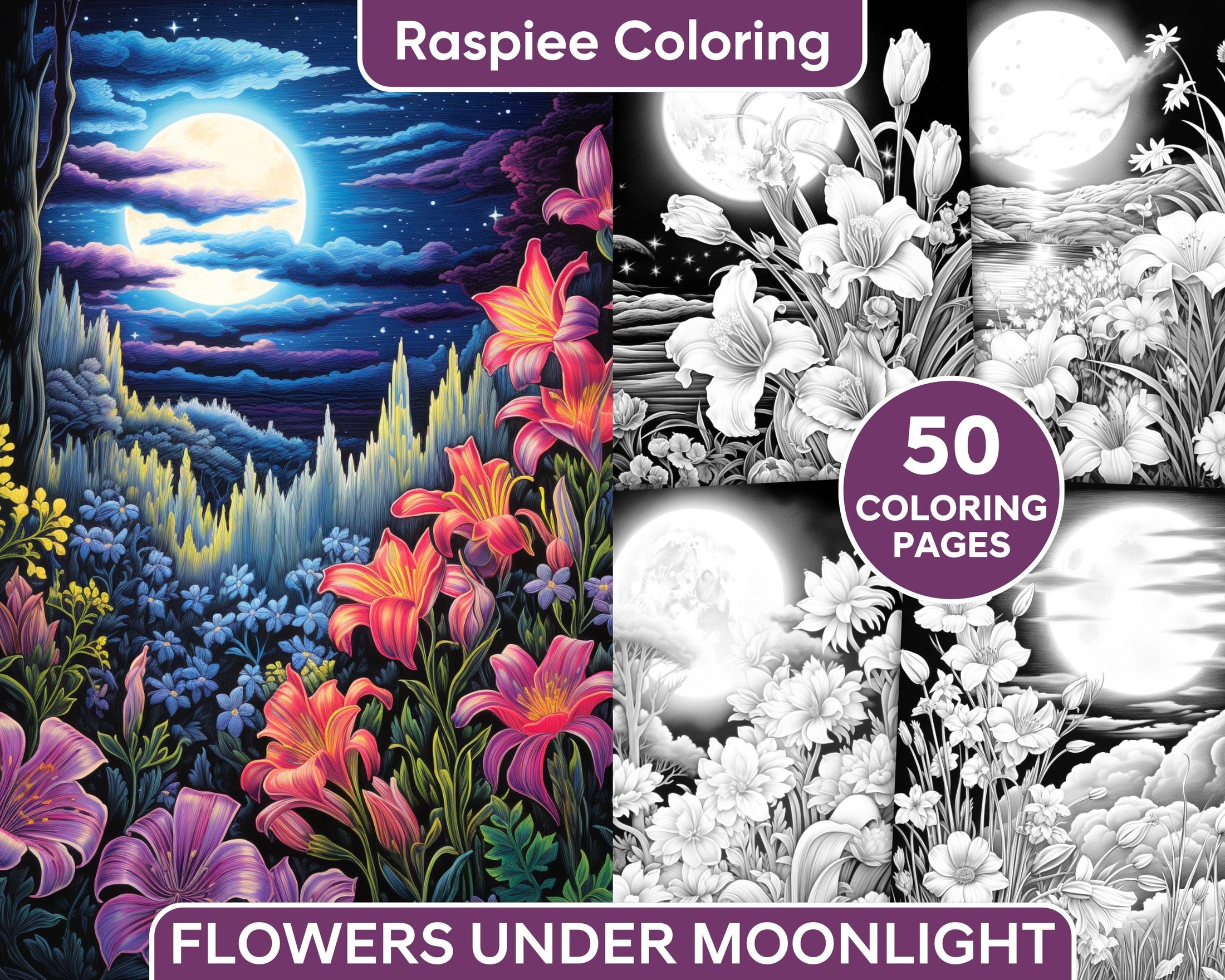 50 Flowers Under Moonlight Grayscale Coloring Pages for Adults, Printa ...