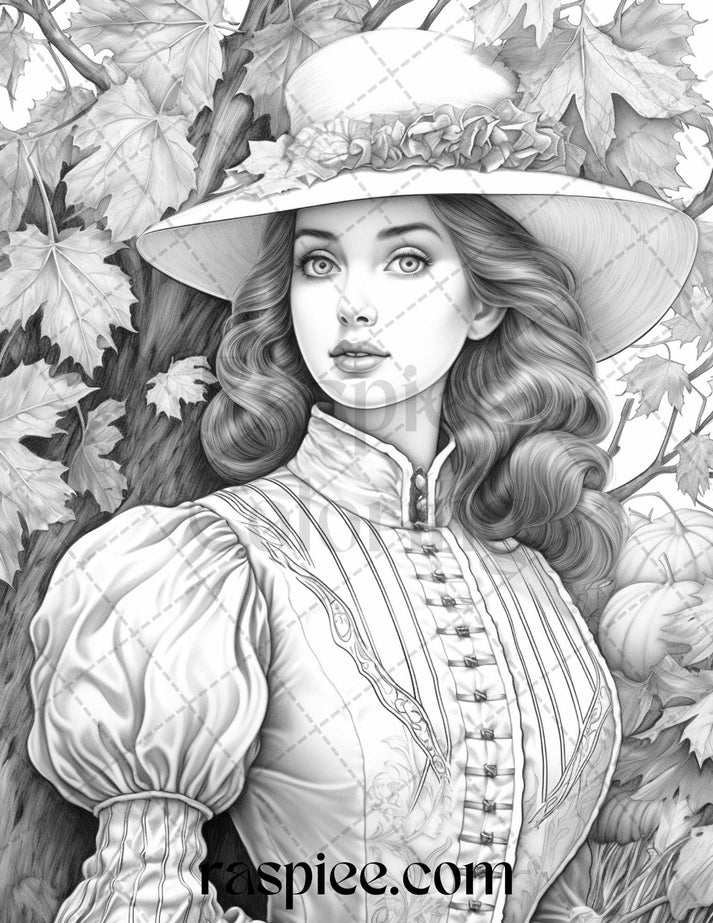 60 Victorian Autumn Portrait Grayscale Coloring Pages Printable for Ad