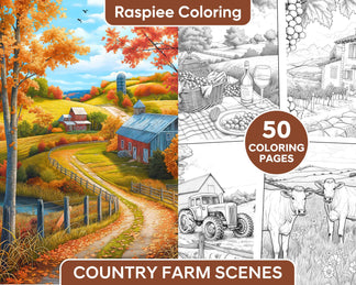 50 Country Farm Scenes Adult Coloring Pages Printable PDF Instant Down ...