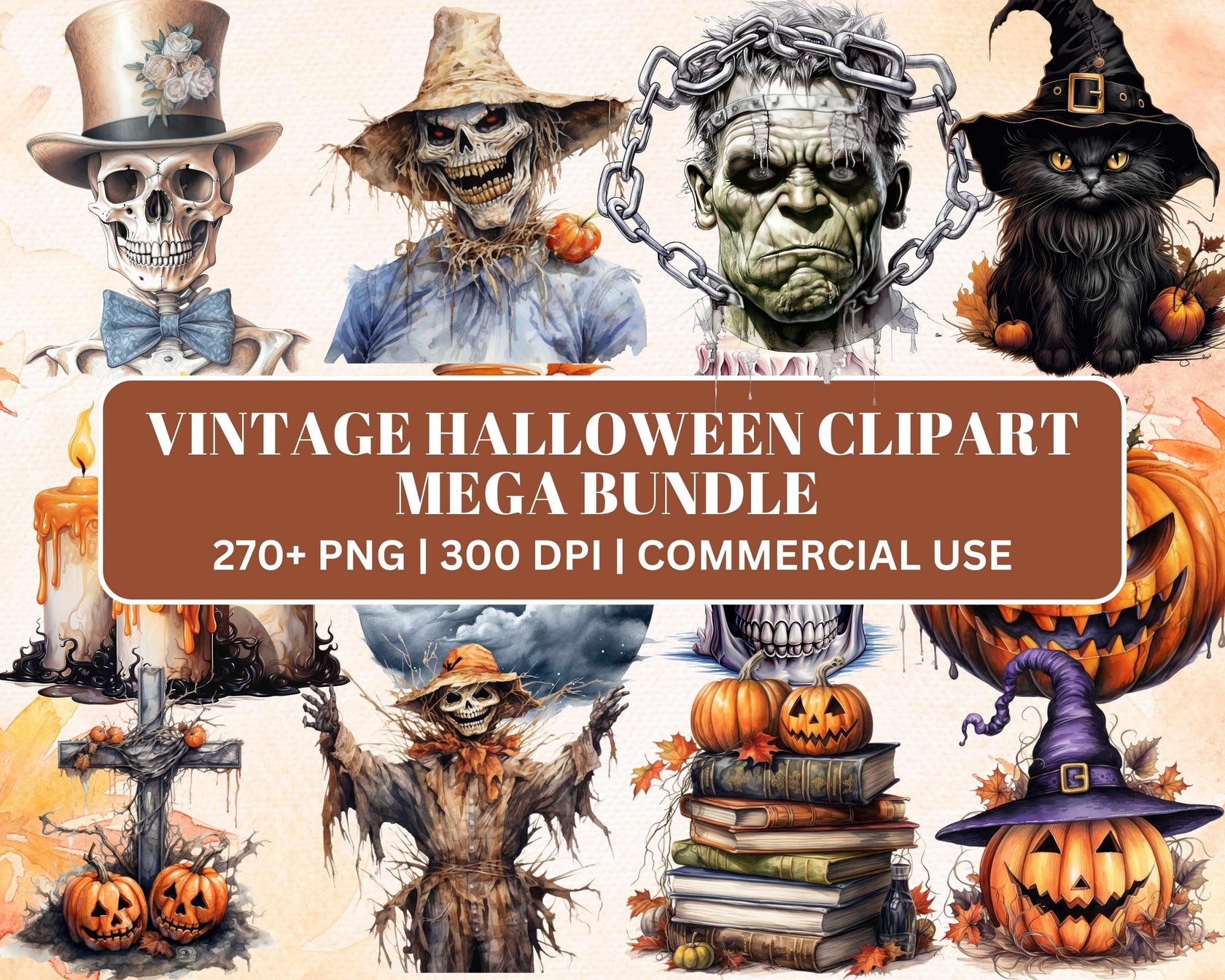 270+ PNG Watercolor Vintage Halloween Clipart Mega Bundle, Happy Hallo ...