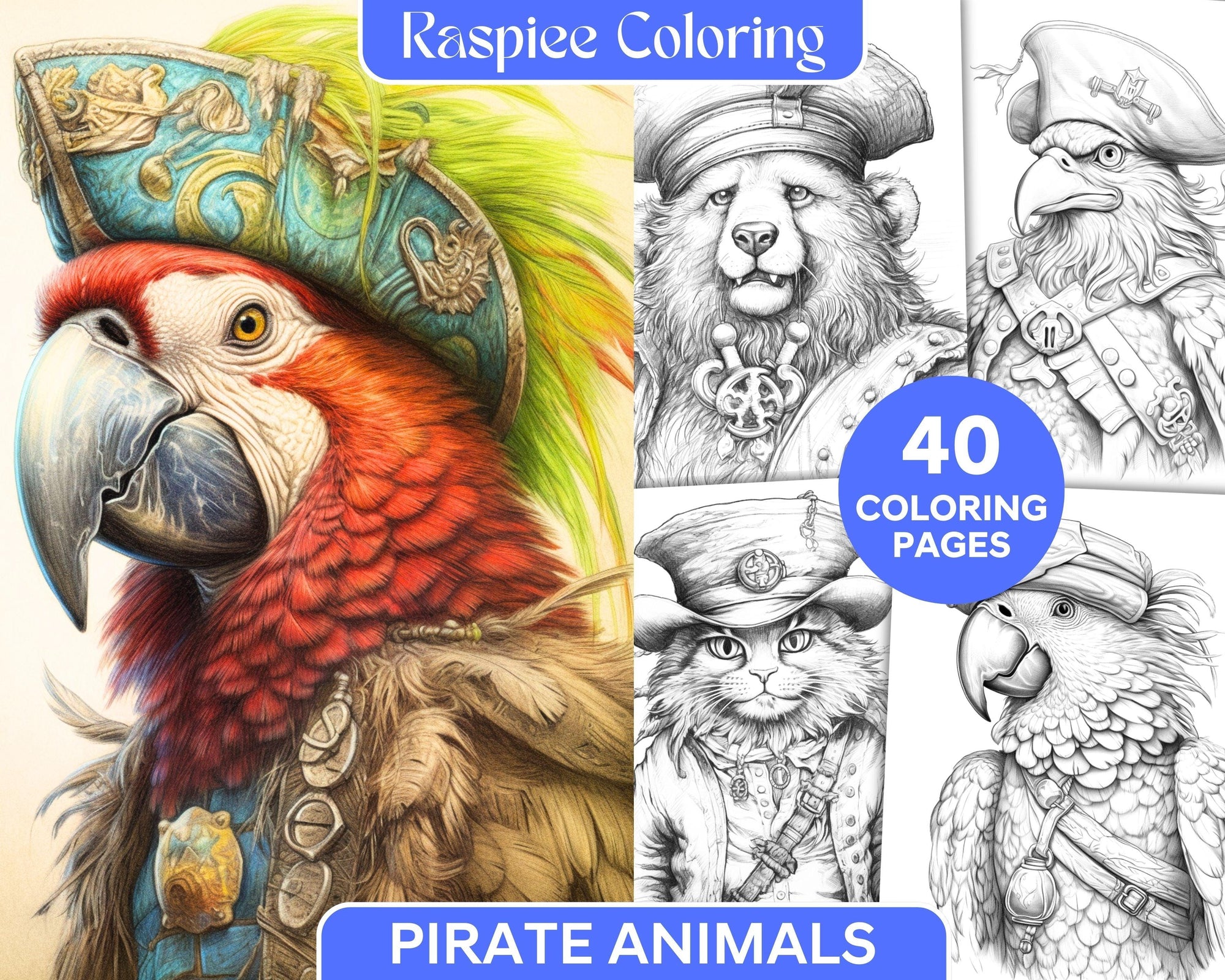 40 Pirate Animals Grayscale Coloring Pages Printable for Adults, PDF F