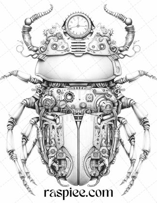 42 Steampunk Bugs Grayscale Coloring Pages Printable for Adults, PDF F ...