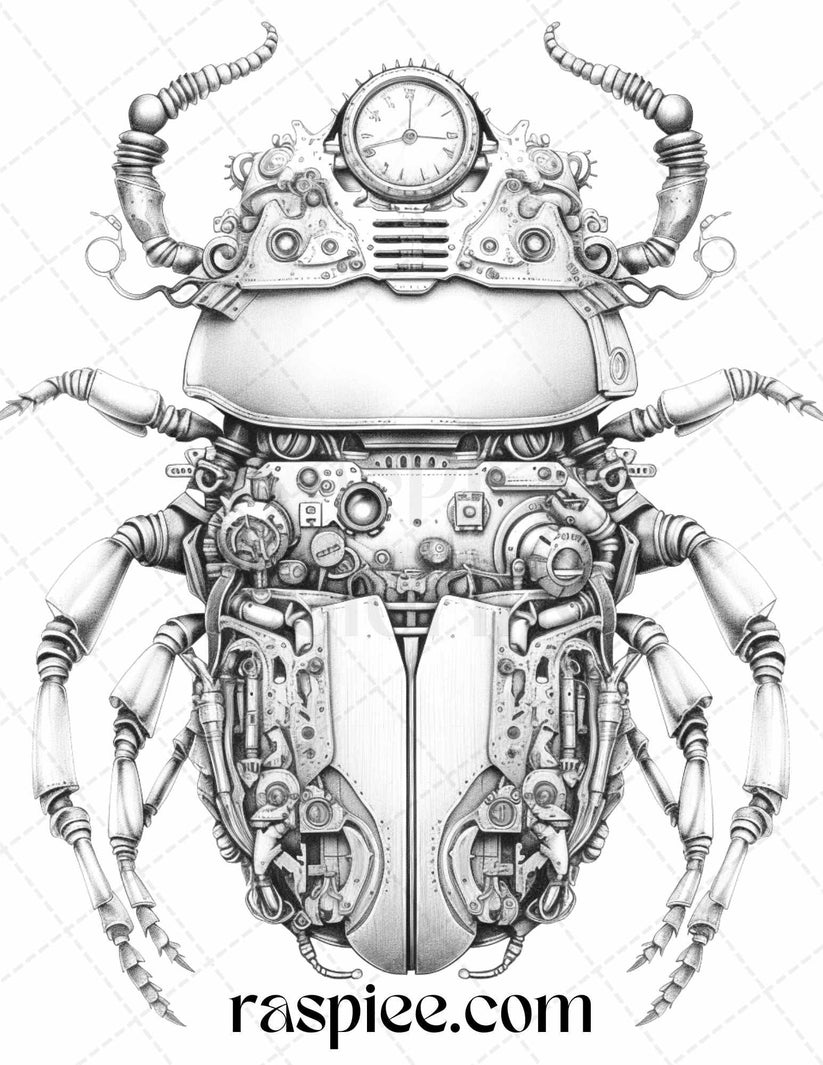42 Steampunk Bugs Grayscale Coloring Pages Printable for Adults, PDF F