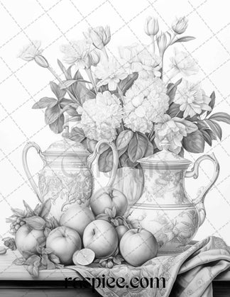 52 Still Life Grayscale Coloring Pages Printable for Adults, PDF File ...
