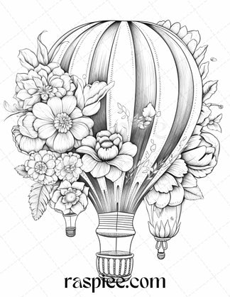 42 Flower Hot Air Balloons Grayscale Coloring Pages Printable for Adul ...