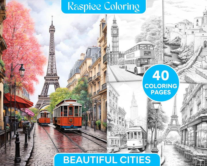 40 Beautiful Cities Travel Grayscale Coloring Pages Printable for Adul
