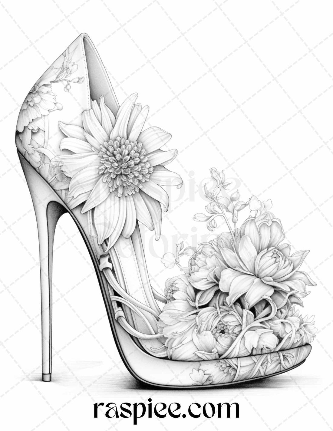 40 Flower Wedding Shoes Grayscale Coloring Pages Printable for Adults,