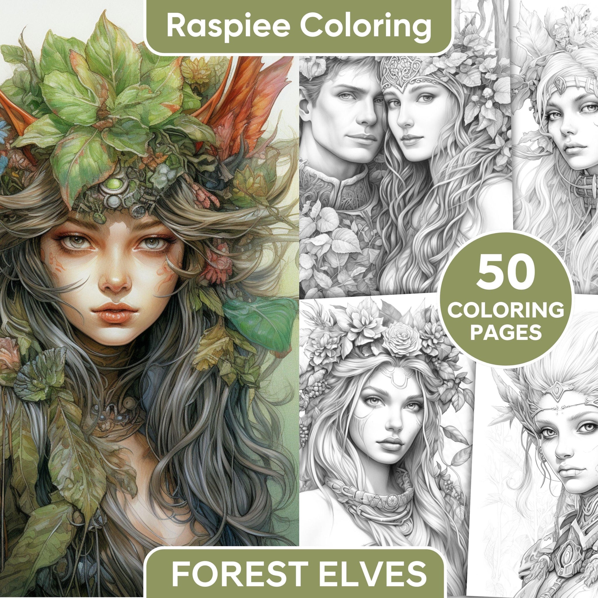50 Fantasy Forest Elves Grayscale Coloring Pages for Adults, Printable