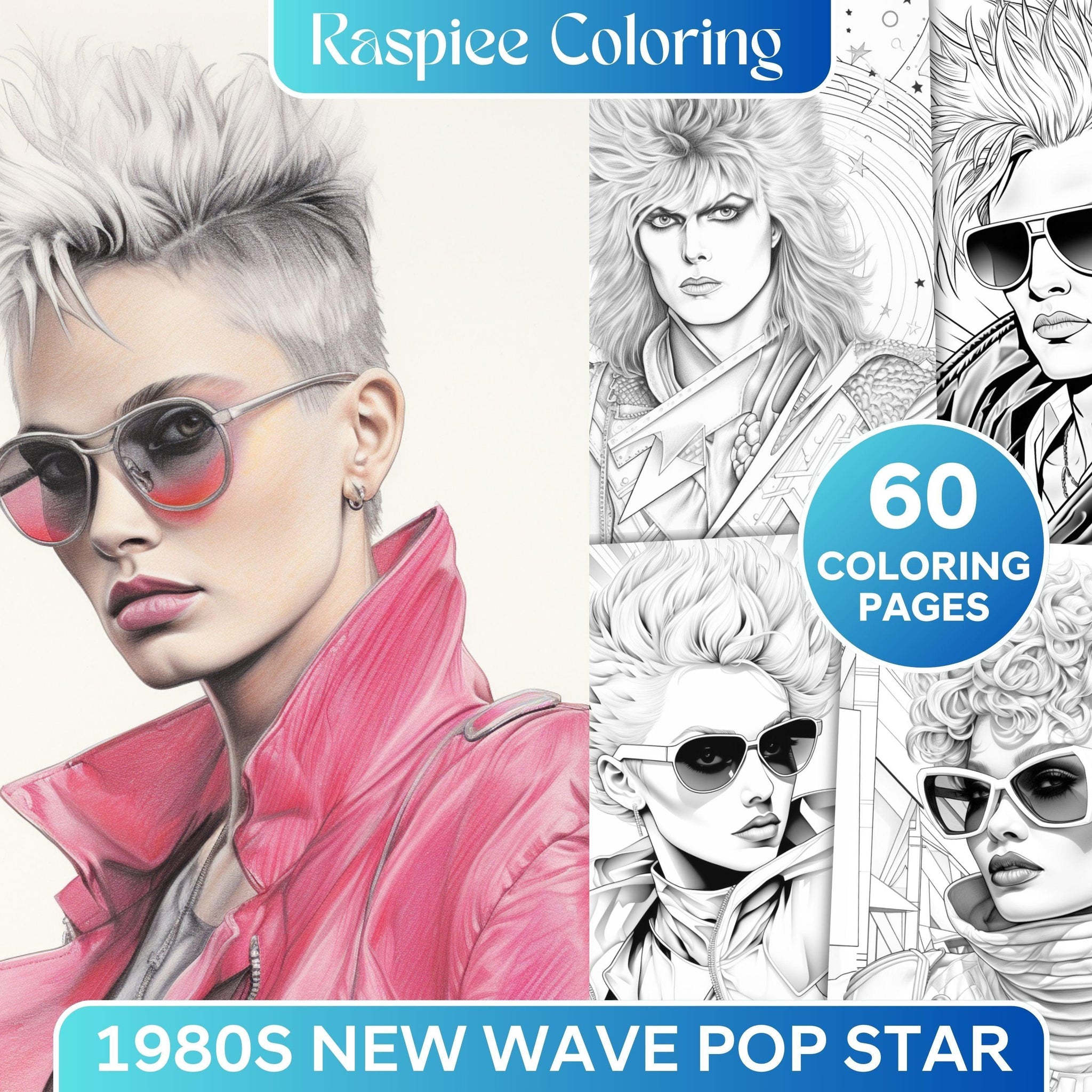1980s New Wave Pop Star Grayscale Coloring Pages Printable for Adults,