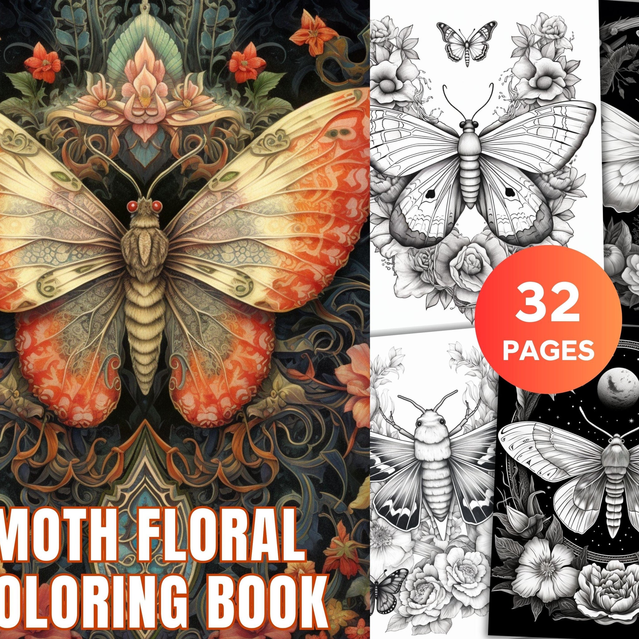 32 Beautiful Moths and Floral Coloring Book for Adults, Grayscale Colo