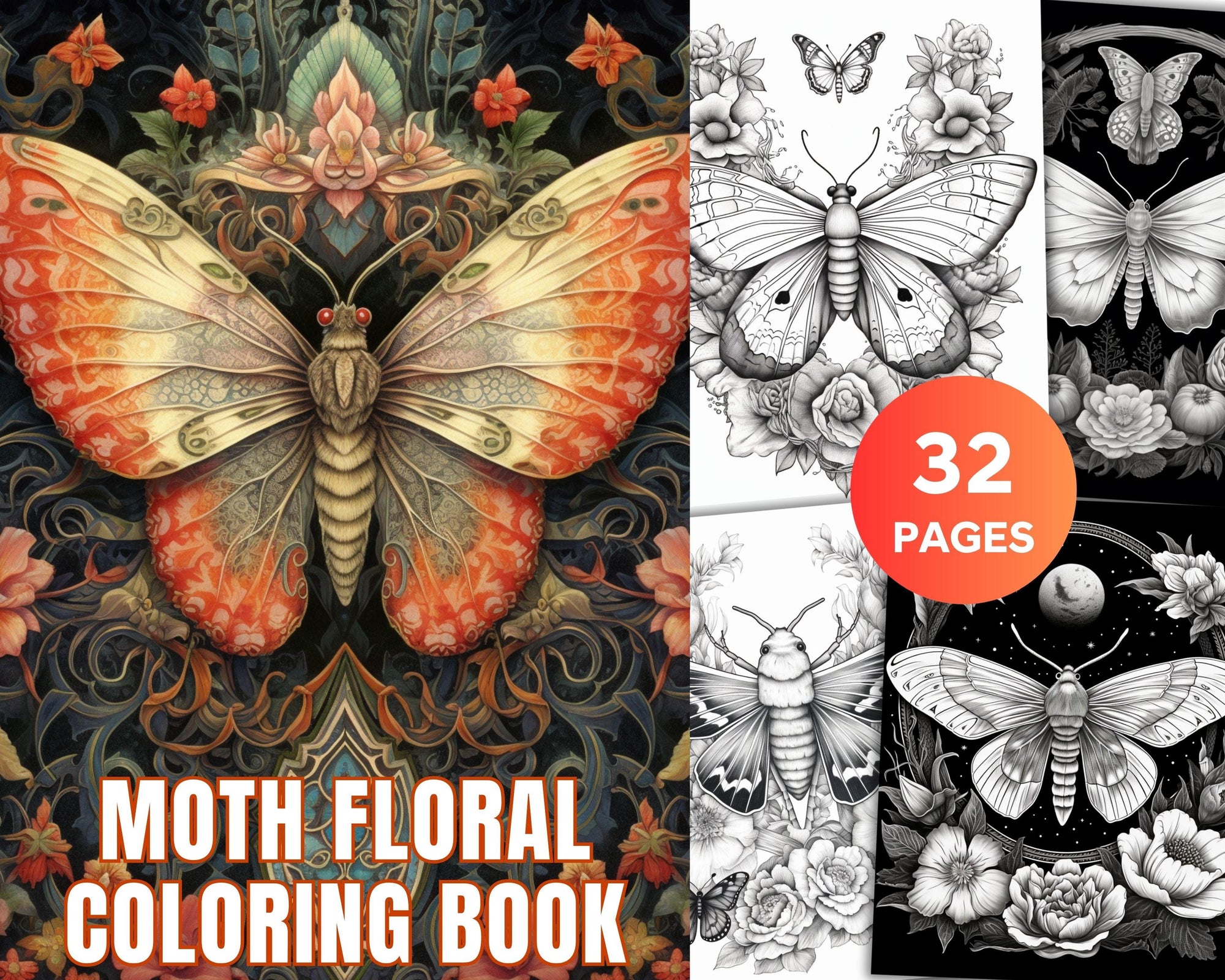 32 Beautiful Moths and Floral Coloring Book for Adults, Grayscale Colo