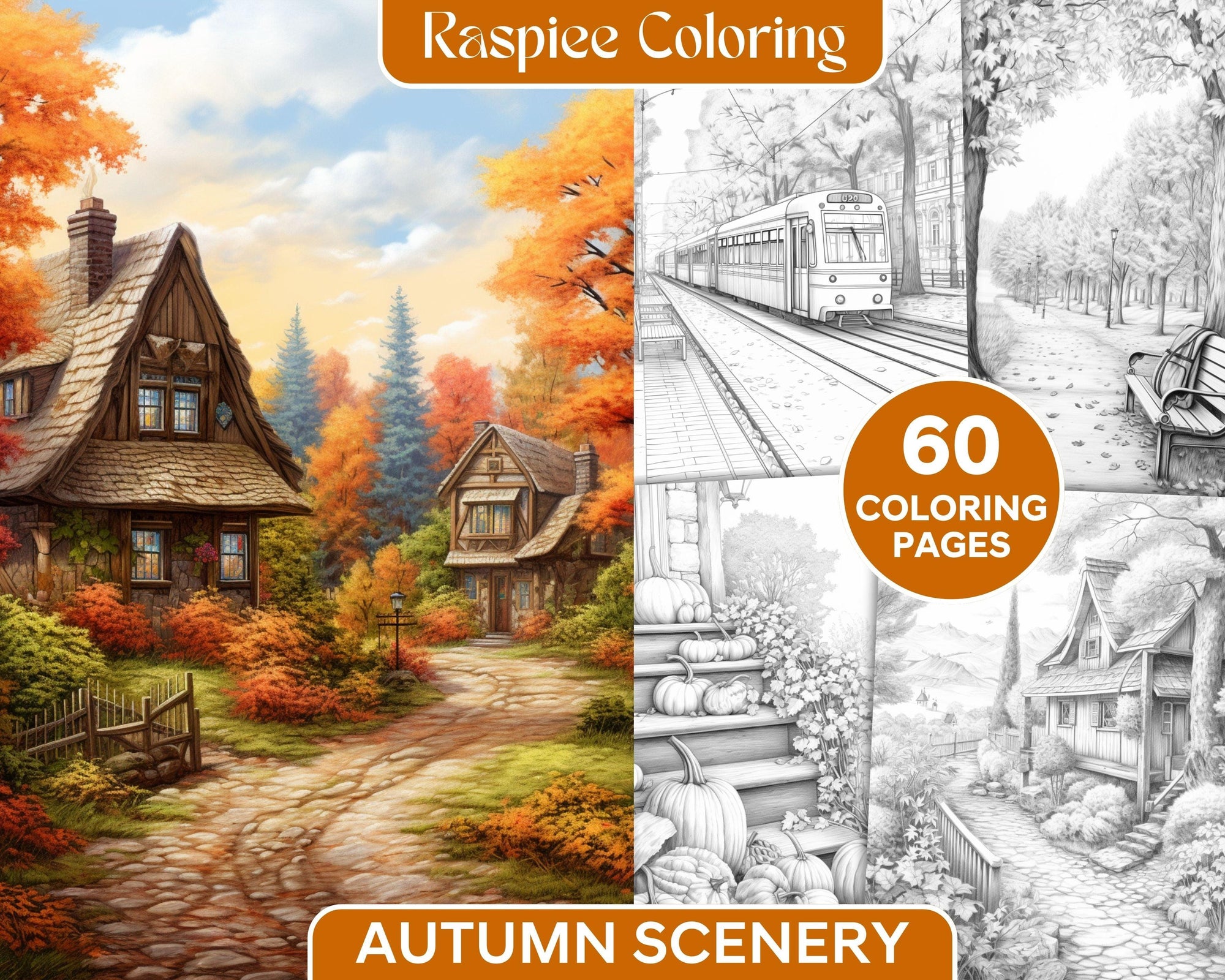 Autumn Scenery Grayscale Coloring Pages Printable for Adults, PDF File