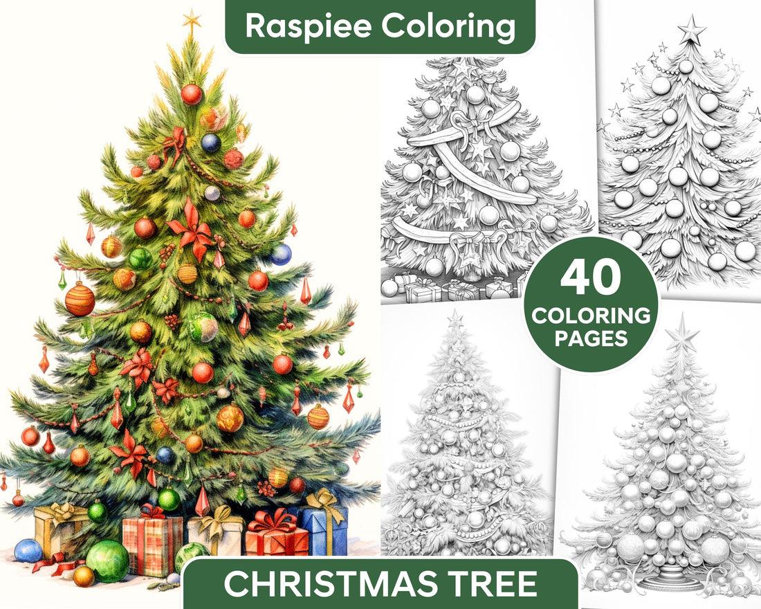40 Christmas Tree Grayscale Coloring Pages for Adults, Printable PDF I