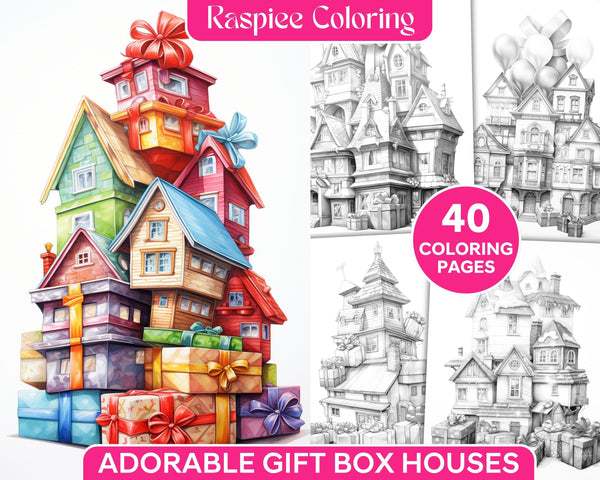 40 Adorable Gift Box Houses Grayscale Coloring Pages Printable for Adu