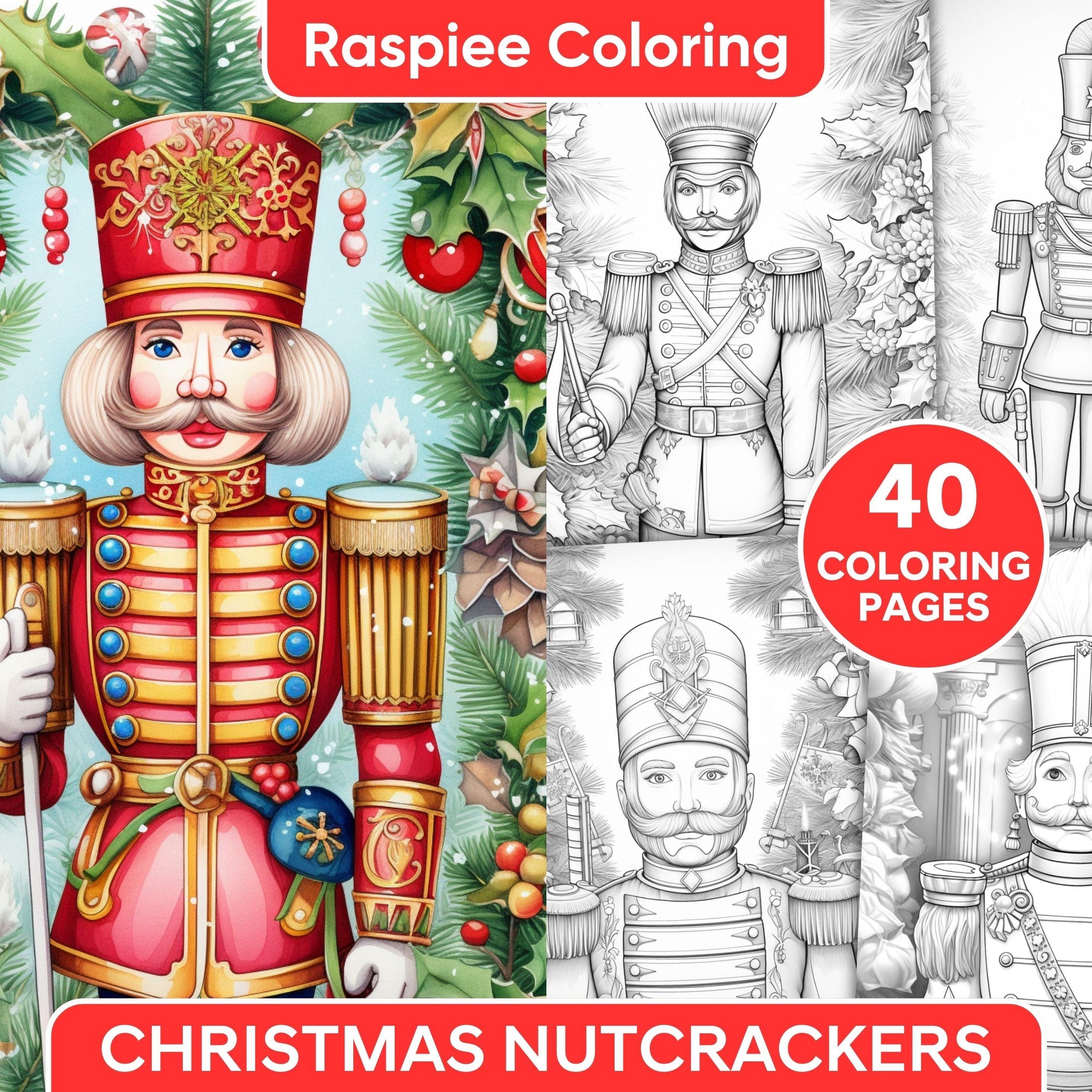 40 Christmas Nutcrackers Grayscale Coloring Pages for Adults, Printabl
