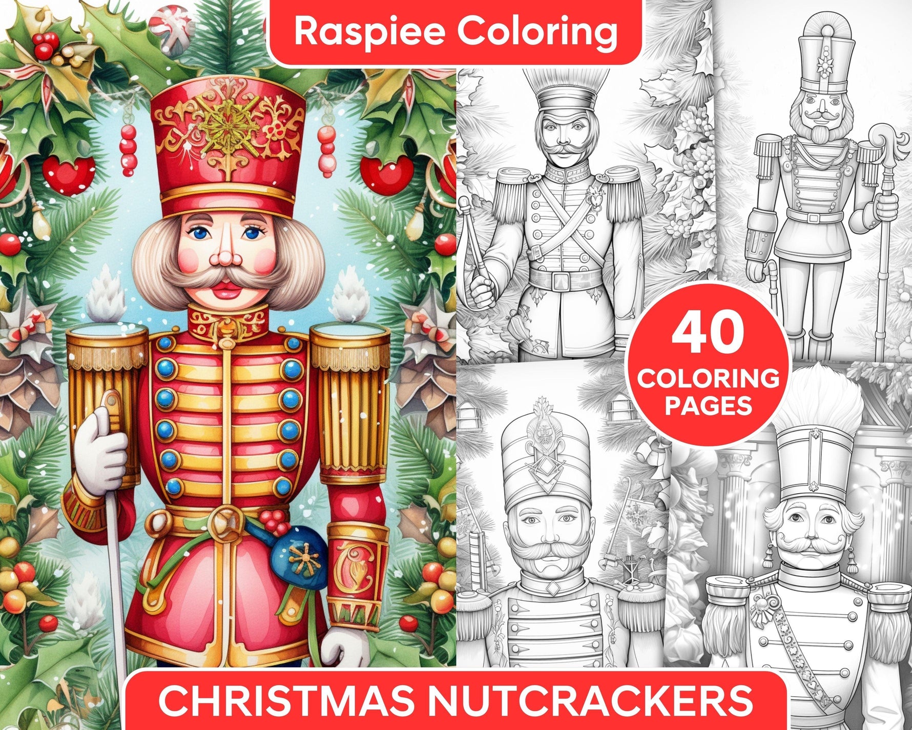40 Christmas Nutcrackers Grayscale Coloring Pages for Adults, Printabl