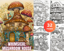 32 Whimsical Mushroom House Coloring Pages for Adults, Grayscale Color ...