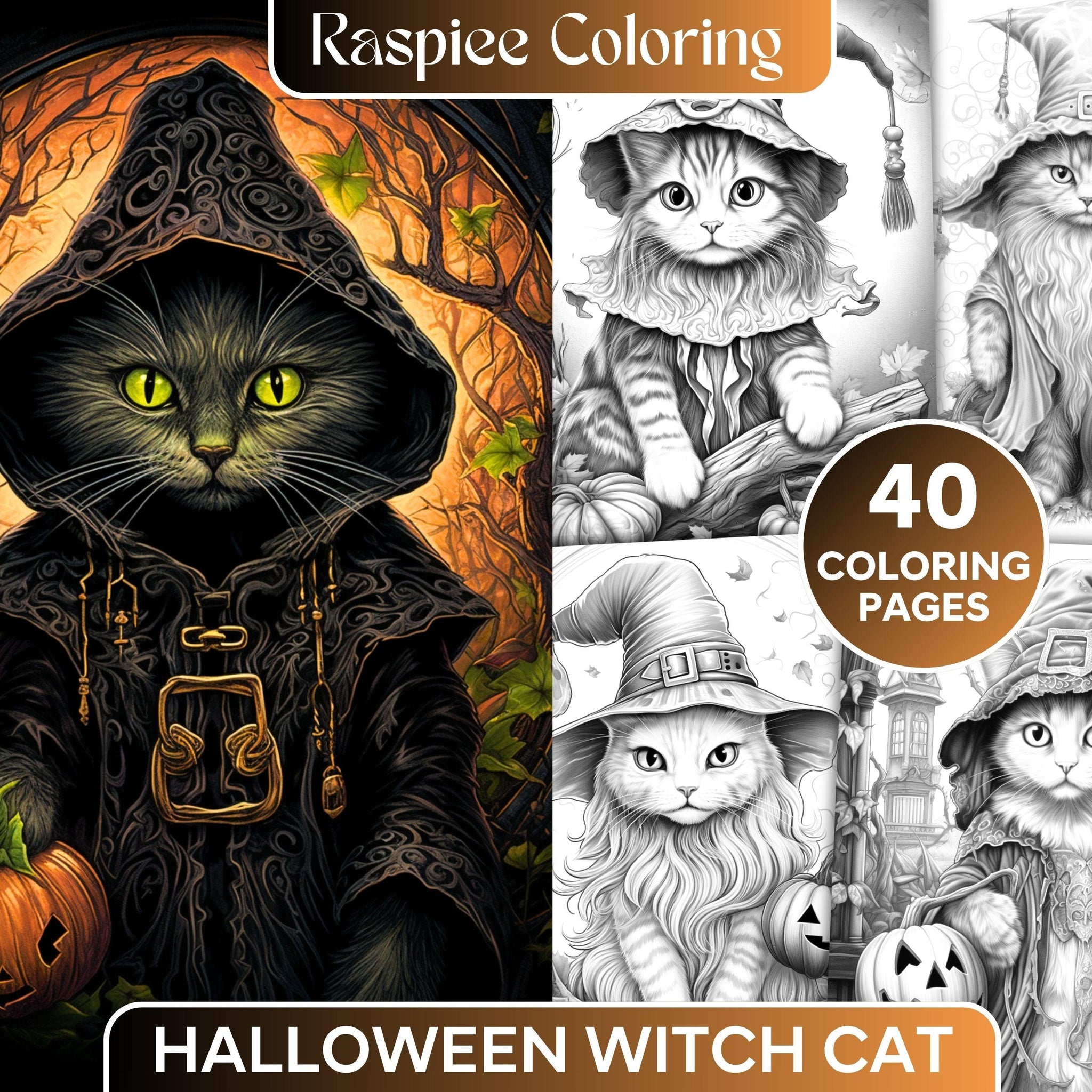 40 Halloween Witch Cat Grayscale Coloring Pages Printable for Adults,