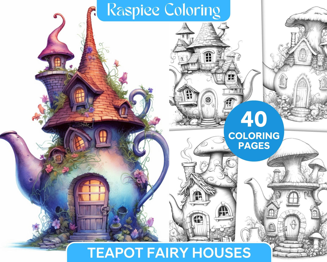 40 Teapot Fairy Houses Grayscale Coloring Pages Printable for Adults,