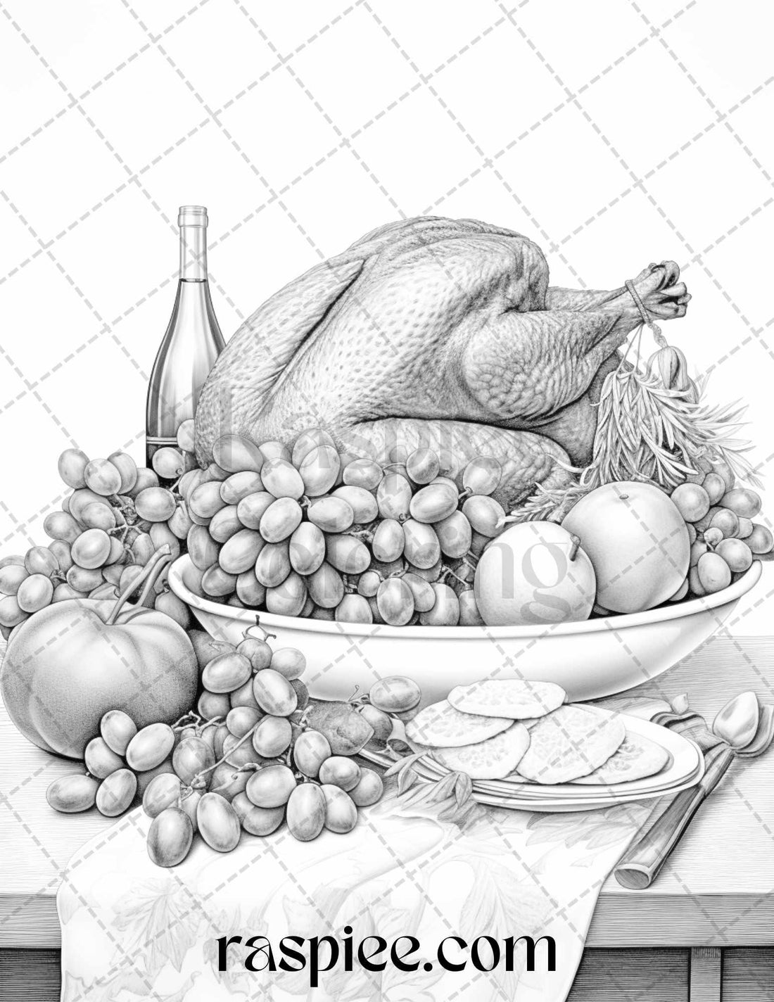 Thanksgiving Dinner Grayscale Coloring Pages for Adults, Relaxing Fall