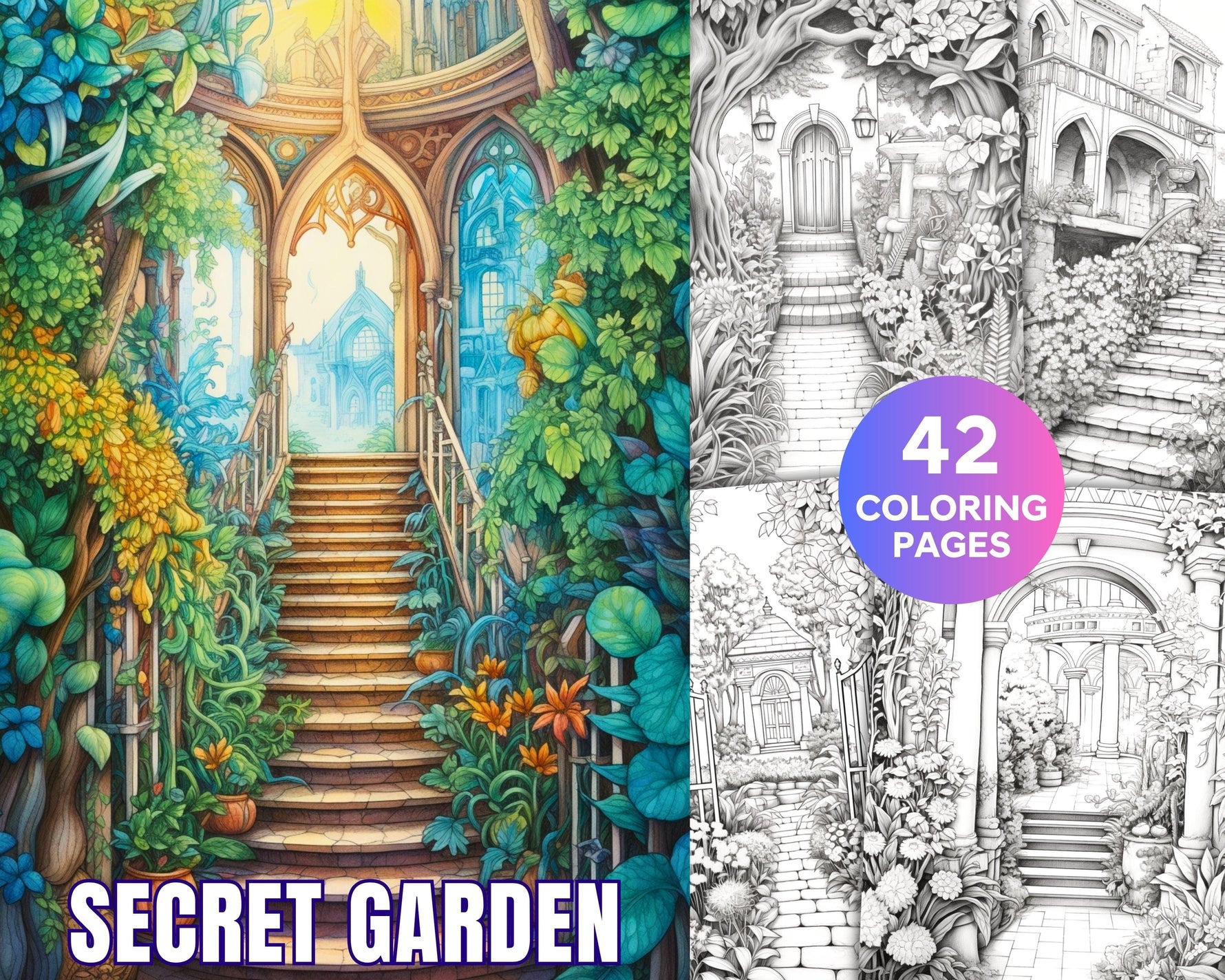 Secret Garden Coloring Pages Printable for Adults, Grayscale Coloring