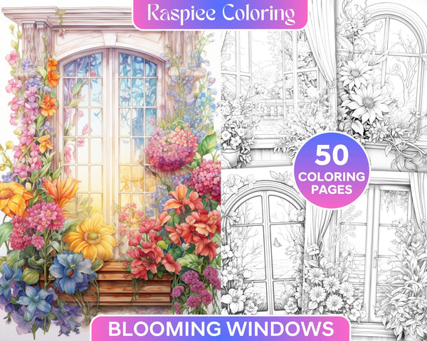 50 Blooming Windows Grayscale Coloring Pages Printable for Adults, PDF