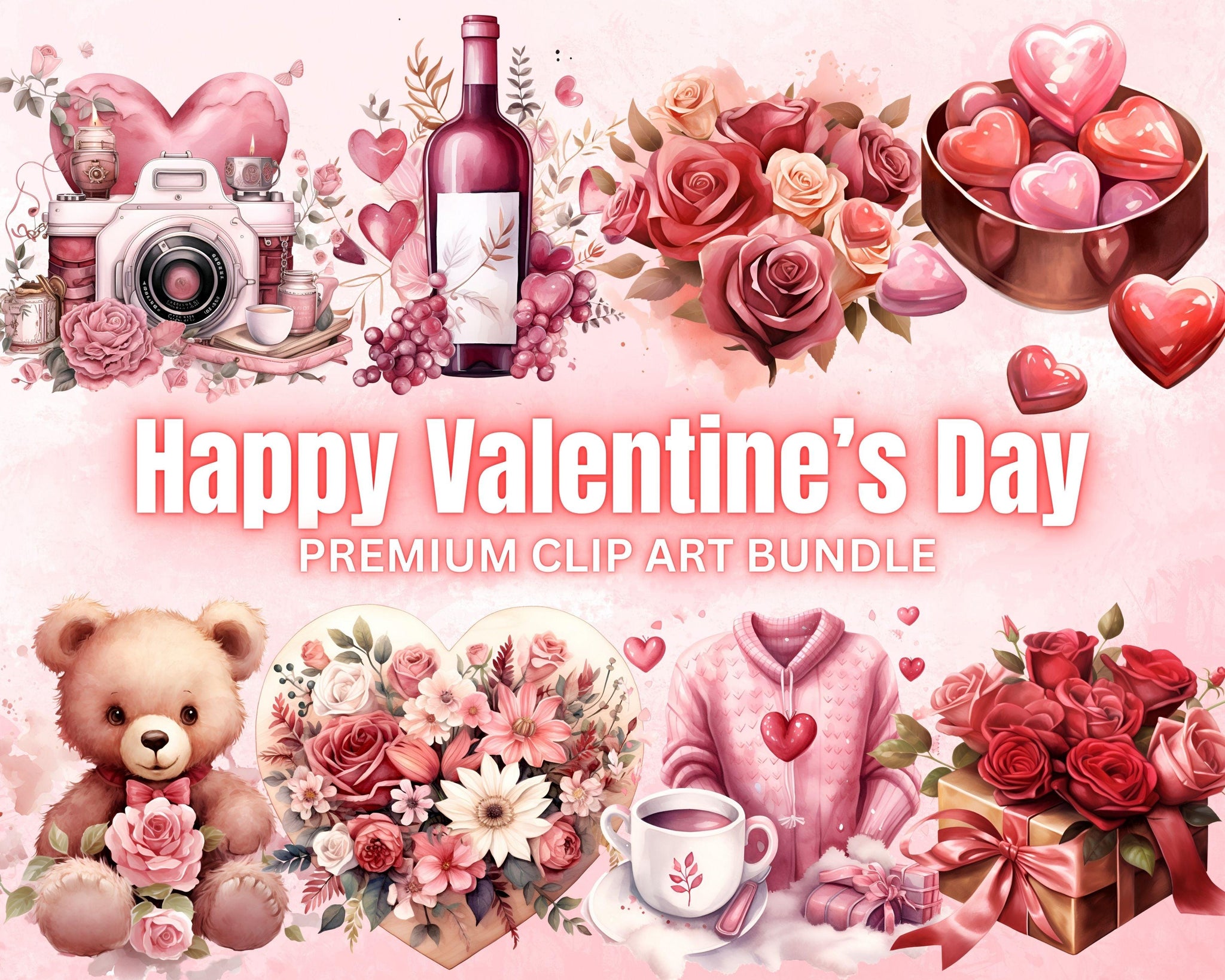 Happy Valentine's Day Clipart Bundle, 80 PNG High-Res Files for Commer ...