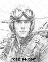 50 Vintage Pilot Portrait Grayscale Adult Coloring Pages, Printable PD ...