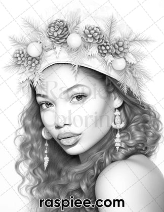 50 Christmas Black Beauties Portrait Grayscale Coloring Pages for Adul ...