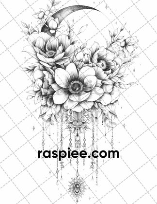 60 Boho Moon Floral Grayscale Adult Coloring Pages Printable PDF Insta ...