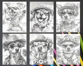 90 Summer Dogs Grayscale Adult Coloring Pages, Printable PDF Instant D ...