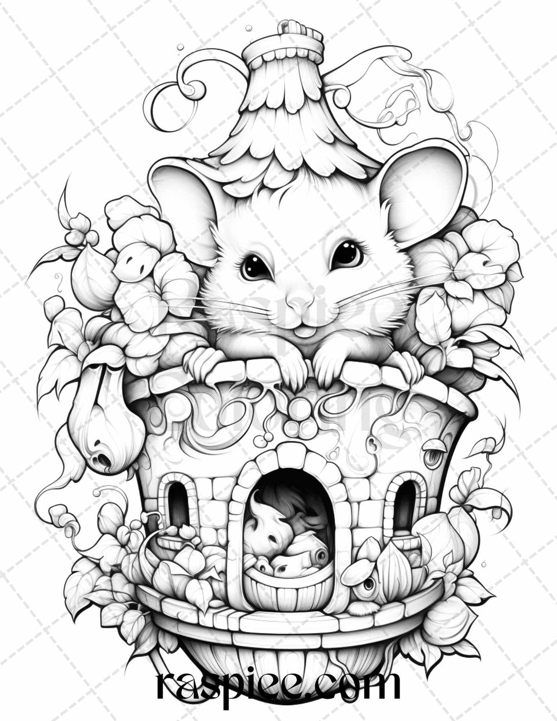 40 Magical Mouse Houses Grayscale Coloring Pages Printable for Adults,