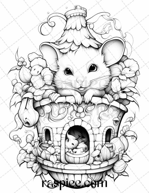 40 Magical Mouse Houses Grayscale Coloring Pages Printable for Adults,