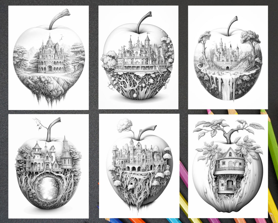 60 Miniworld in the Apple Grayscale Coloring Pages Printable for Adult