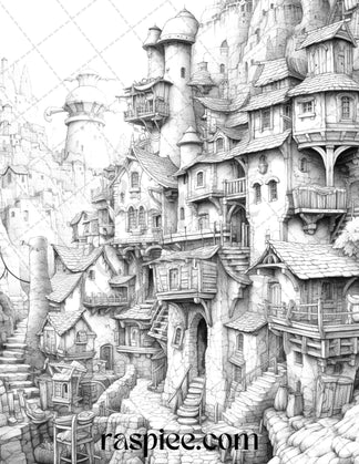 40 Fantasy Village Grayscale Coloring Pages Printable for Adults, PDF ...