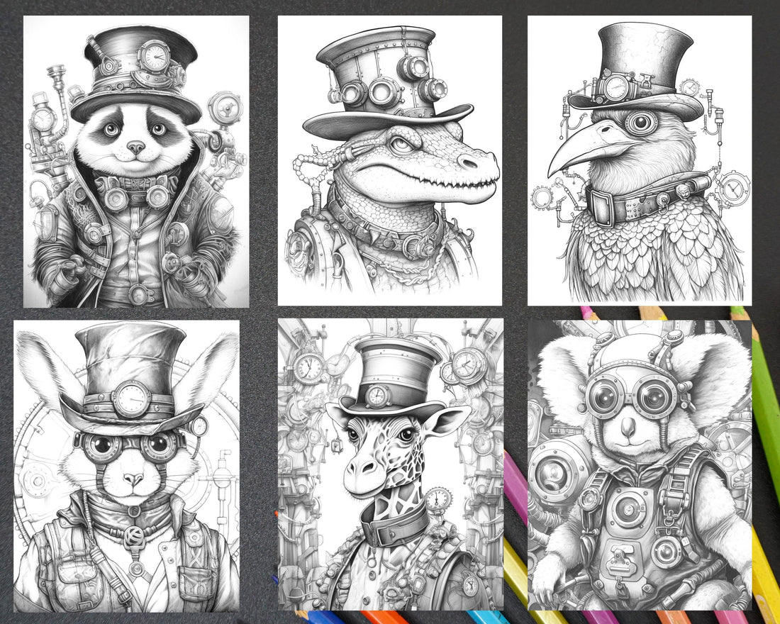 60 Steampunk Animals Grayscale Coloring Pages Printable for Adults, PD