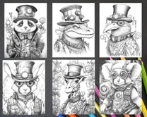 60 Steampunk Animals Grayscale Coloring Pages Printable for Adults, PD ...