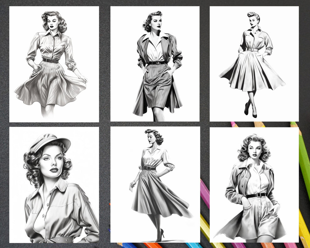 Vintage Fashion Grayscale Coloring Pages Printable for Adults, PDF Fil