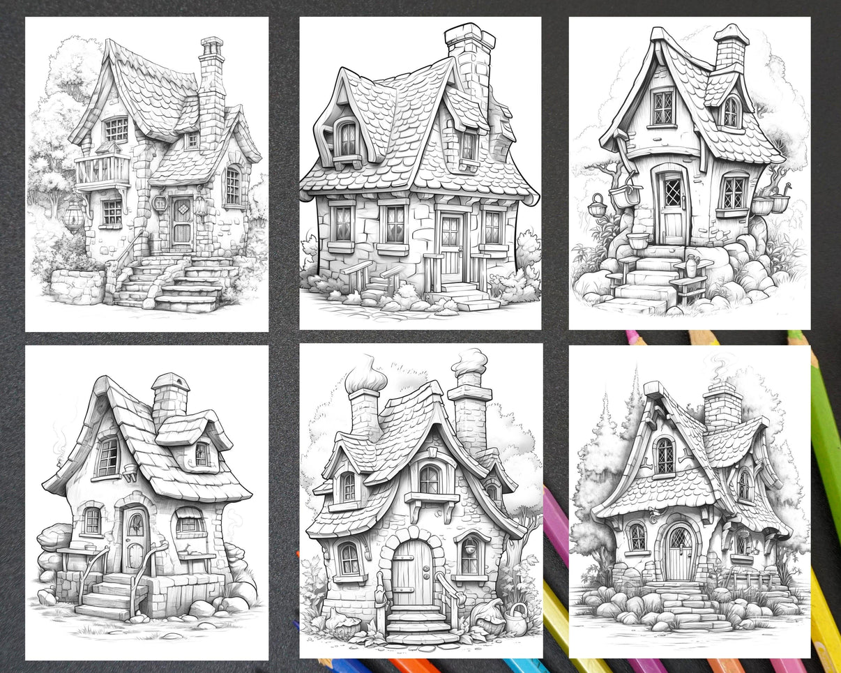 40 Stone Cottage Houses Grayscale Coloring Pages Printable for Adults,