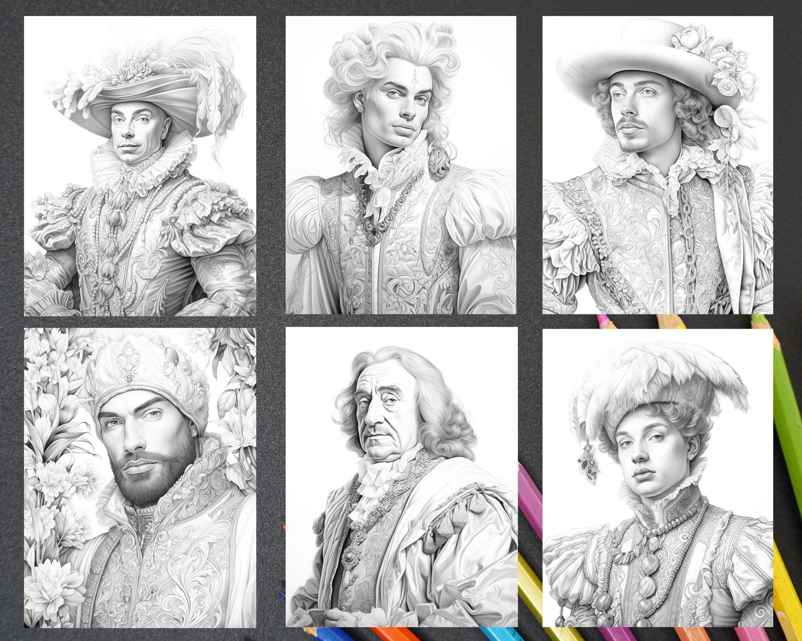 50 Baroque Man Portrait Grayscale Graysale Coloring Pages Printable fo