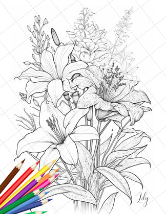 30 Botanical Flowers Printable Coloring Pages for Adults, Floral Grays ...