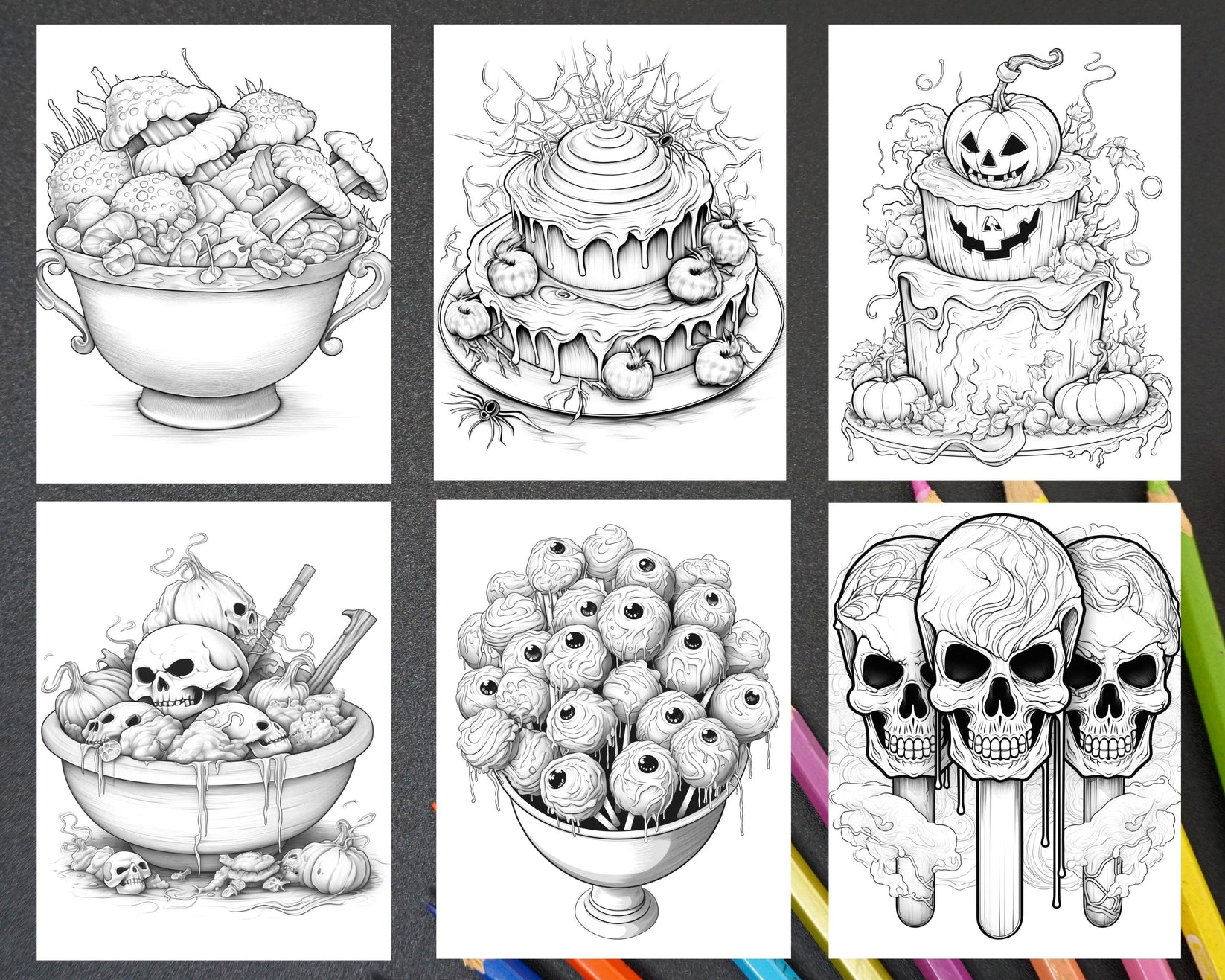 68 Halloween Spooky Desserts Grayscale Coloring Pages Printable for Ad