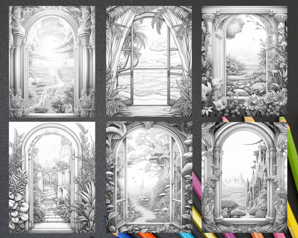 40 Window to Fantasy Worlds Grayscale Coloring Pages Printable for Adu