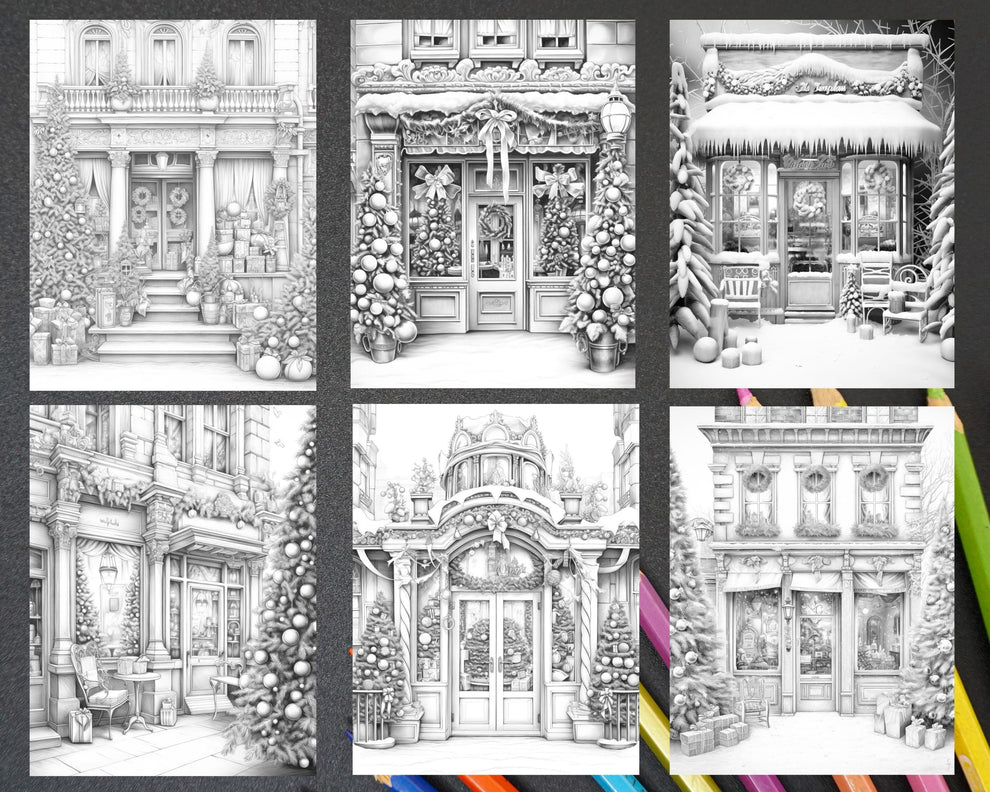 Christmas Store Front Grayscale Coloring Pages for Adults, PDF Printab
