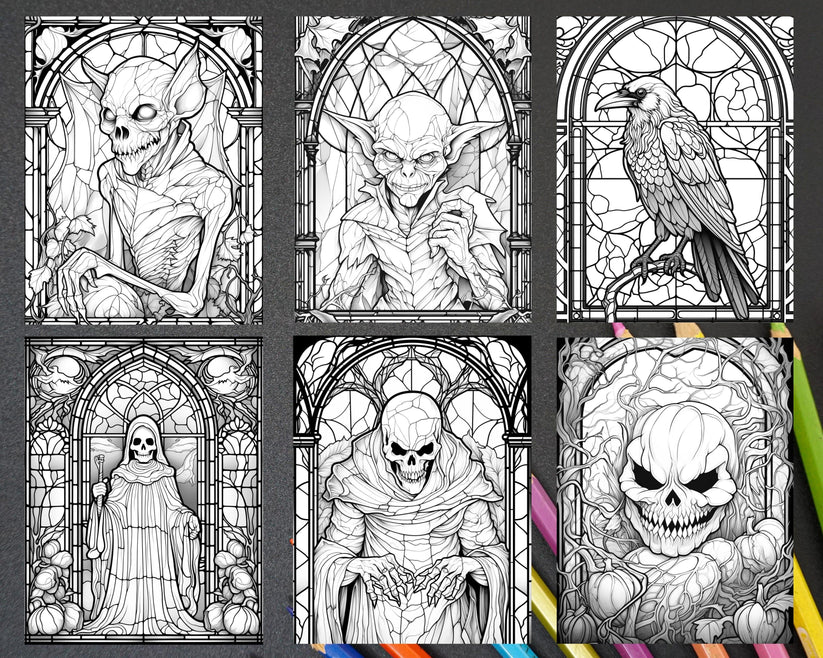70 Halloween Stained Glass Grayscale Coloring Pages Printable for Adul
