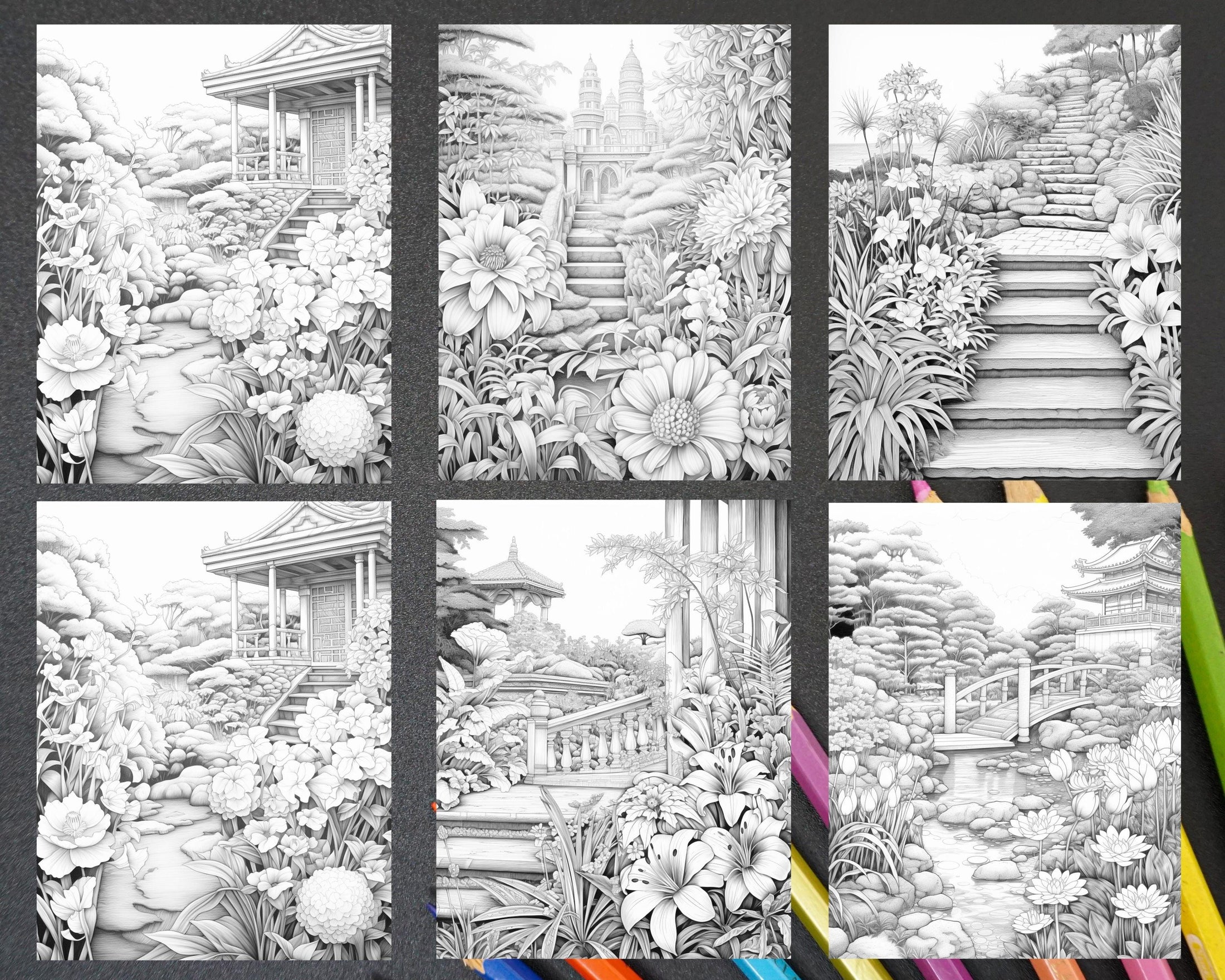 60 Zen Garden Flowers Grayscale Coloring Pages for Adults, Printable P ...