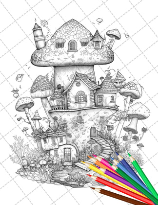 32 Whimsical Mushroom House Coloring Pages for Adults, Grayscale Color ...